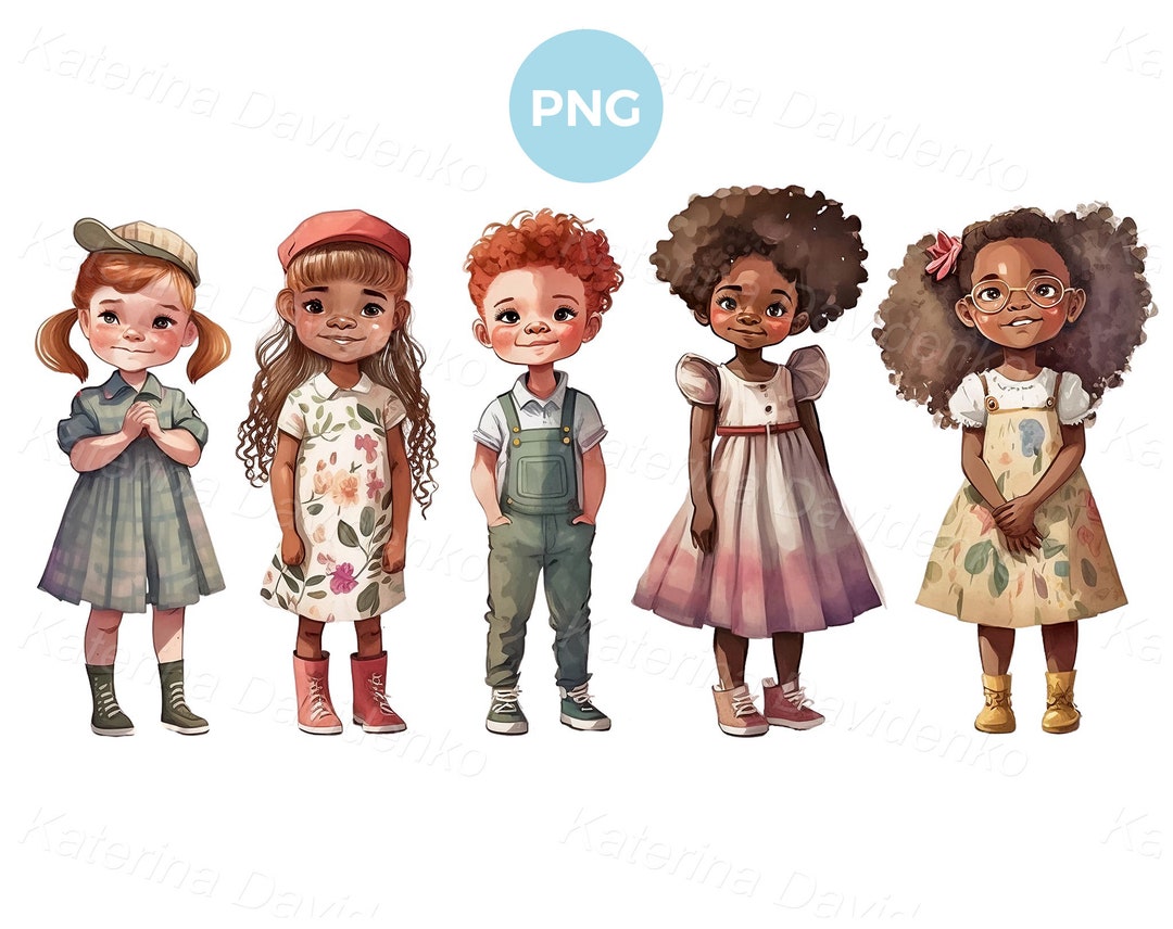 Set of Cartoon Little Girls Standing in a Row. Watercolor Children PNG ...