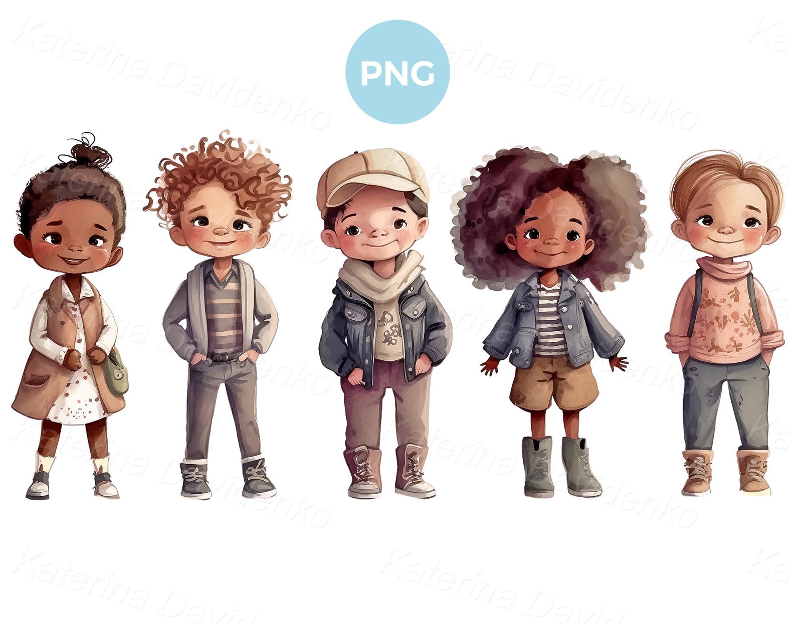 Smiling Cartoon Watercolor Little Kids in Spring Casual Clothes ...