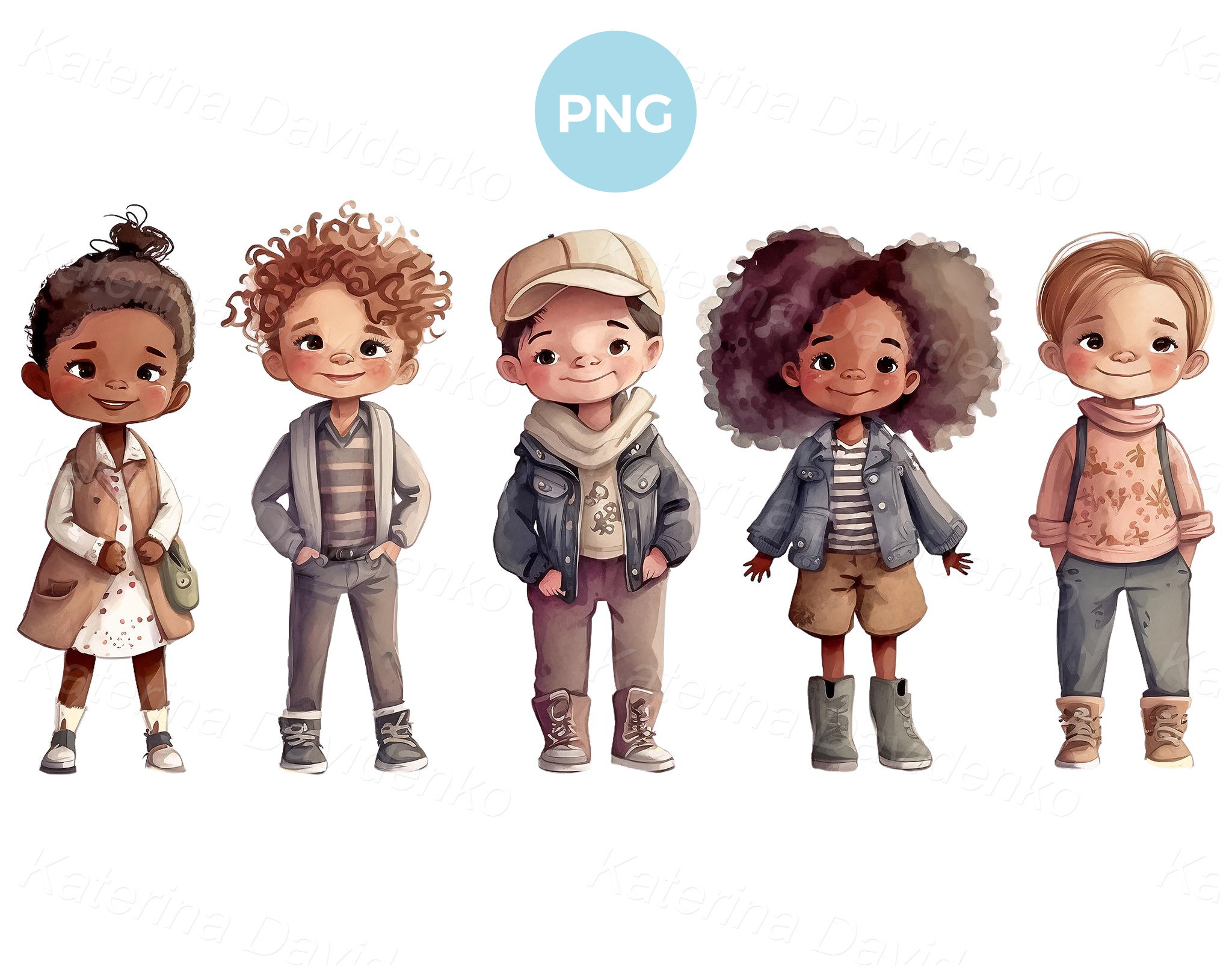 Smiling Cartoon Watercolor Little Kids in Spring Casual Clothes ...