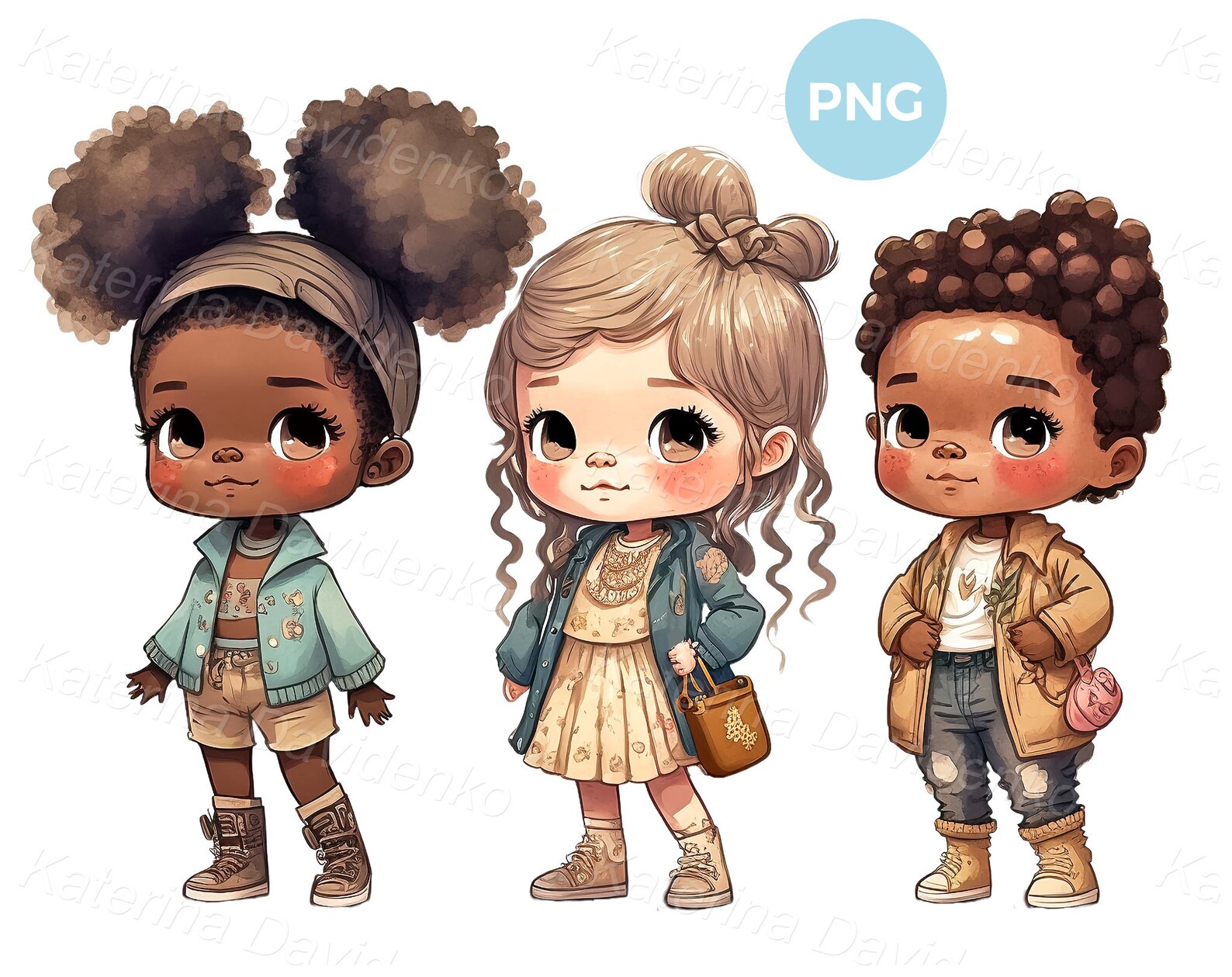 Set of Three Little Girls of Autumn or Spring Clothes, Kids PNG Clipart ...