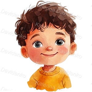 Collection of Watercolor Cartoon Happy Kids Faces Clipart, Smiling ...