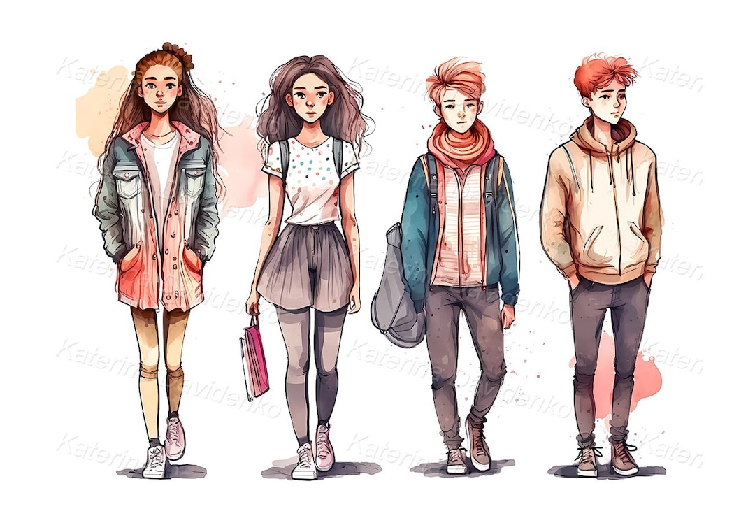 Watercolor Teens Clipart, Boys and Girls. Cartoon Young People Standing ...