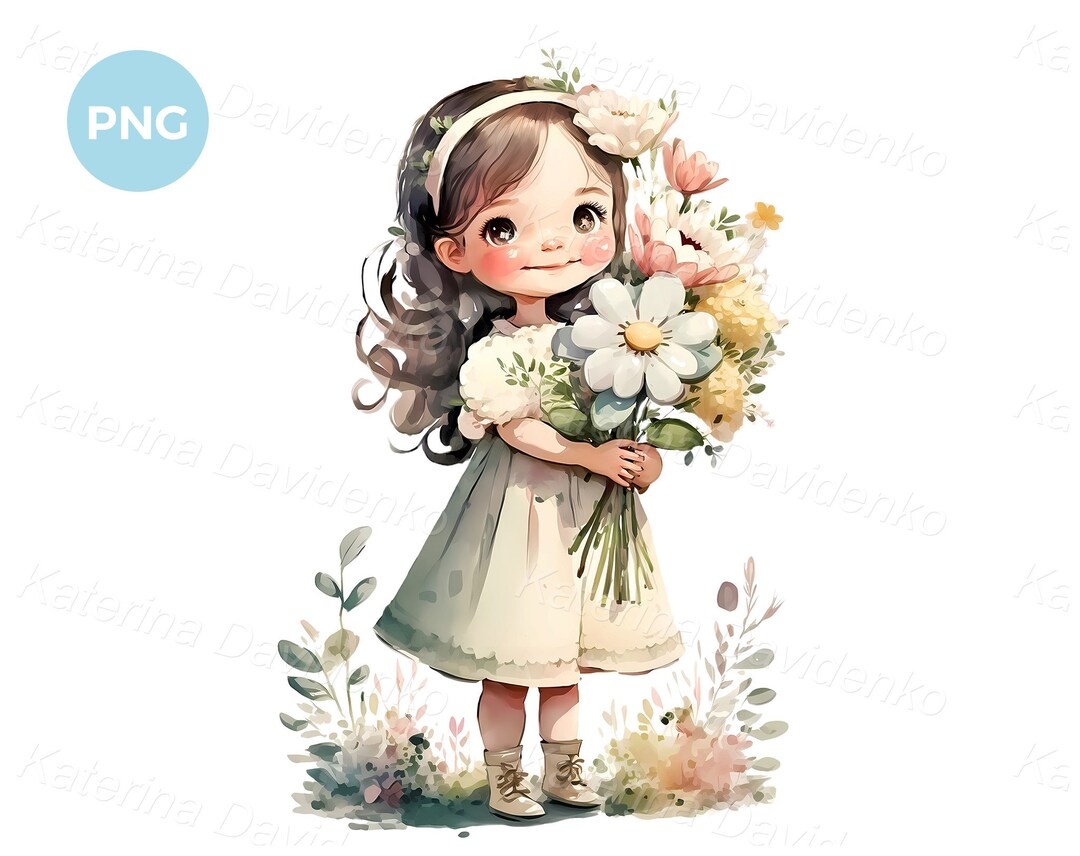 Cute Little Girl With a Bouquet of Flowers. Printable Watercolor ...