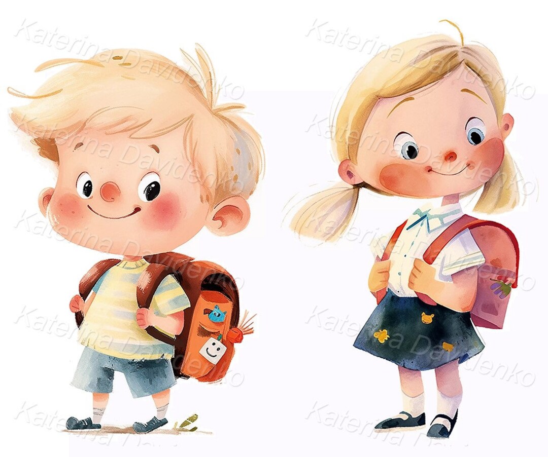 Cute Cartoon Boy Girl With School Backpacks Clipart Standing Schoolkids ...