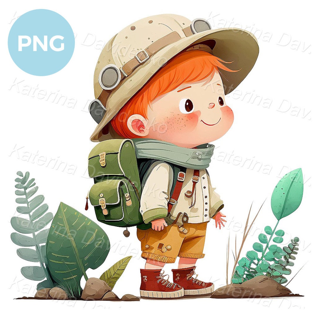 Digital Watercolor Painting of Cute Little Explorer Boy With Backpack ...