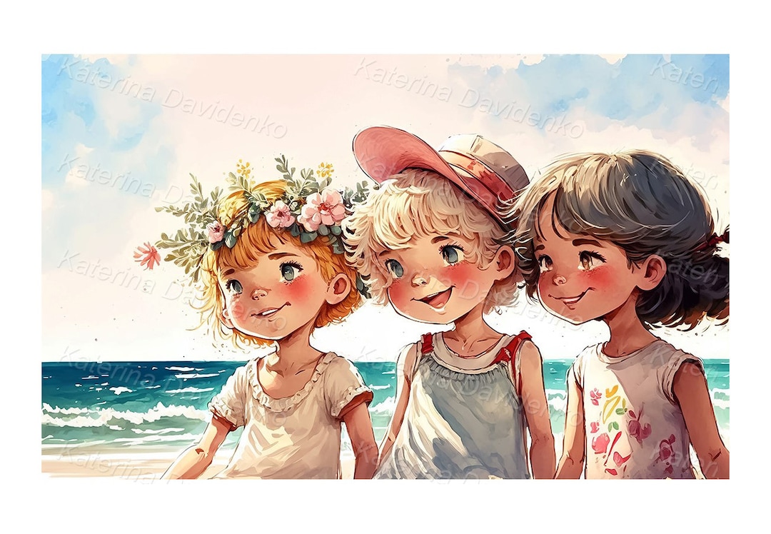 Watercolor Painting of Cute Smiling Little Girls on the Background of ...