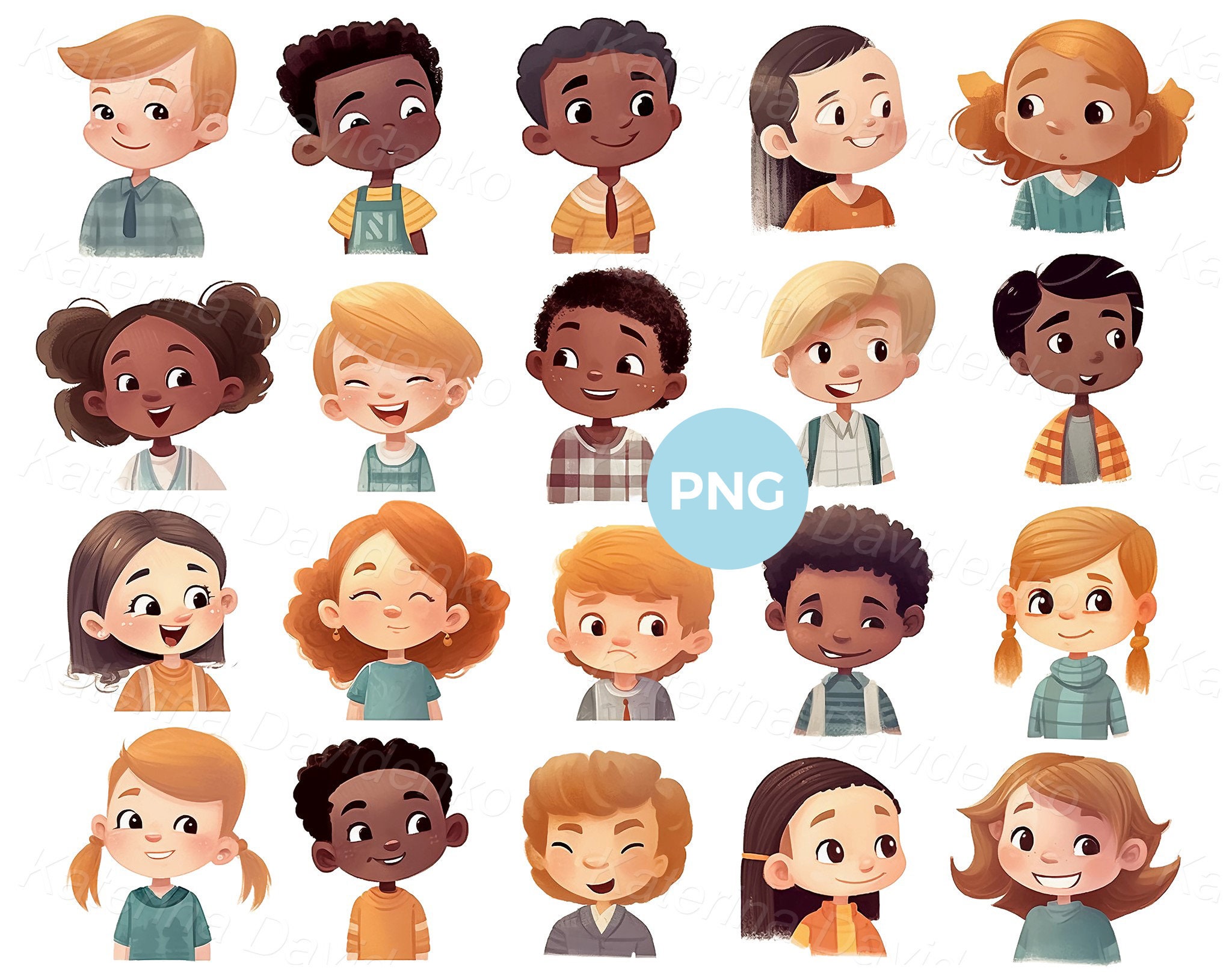 Children Emotions. Collection of Cartoon Kids Faces. Set of Avatar PNG ...