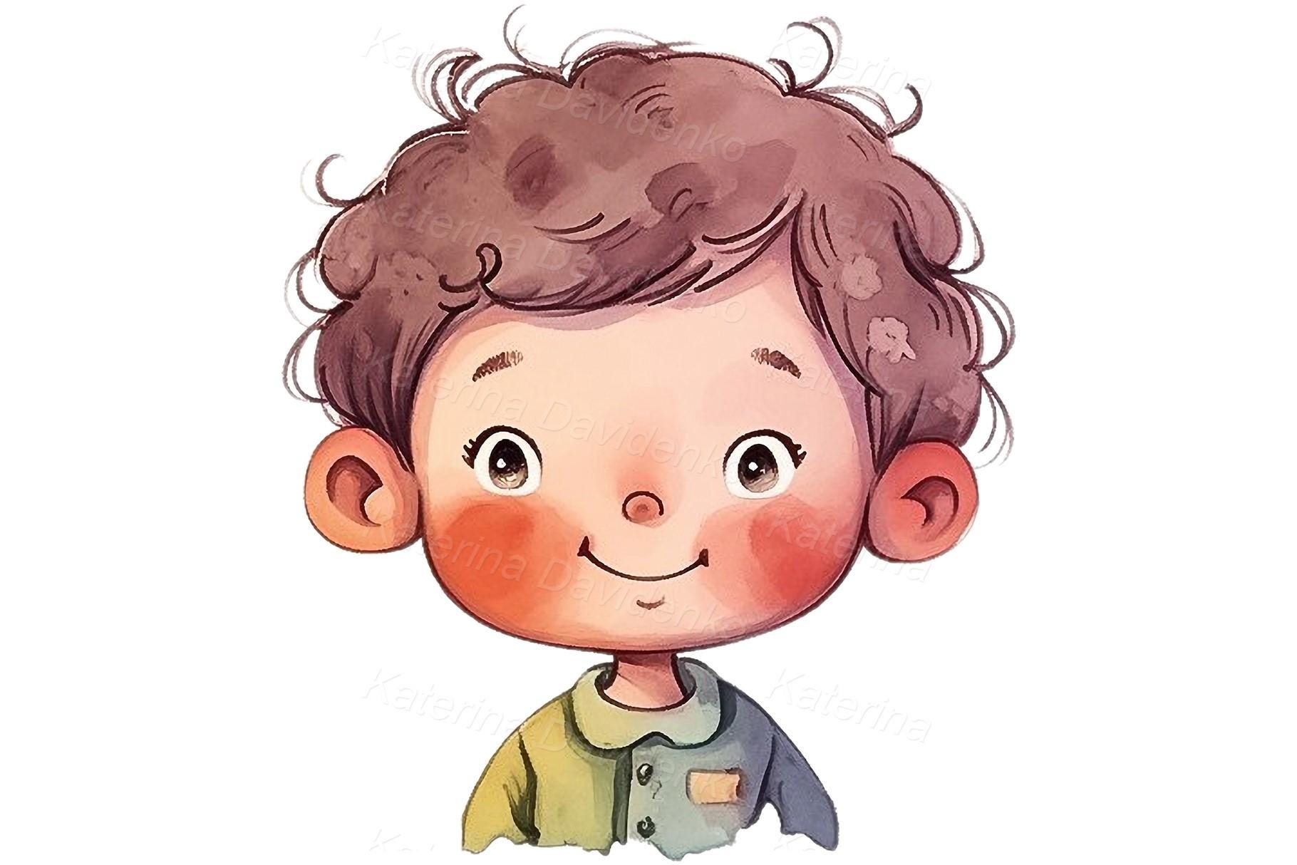 Collection of Watercolor Happy Cartoon Kids Faces PNG Clipart, Smiling ...