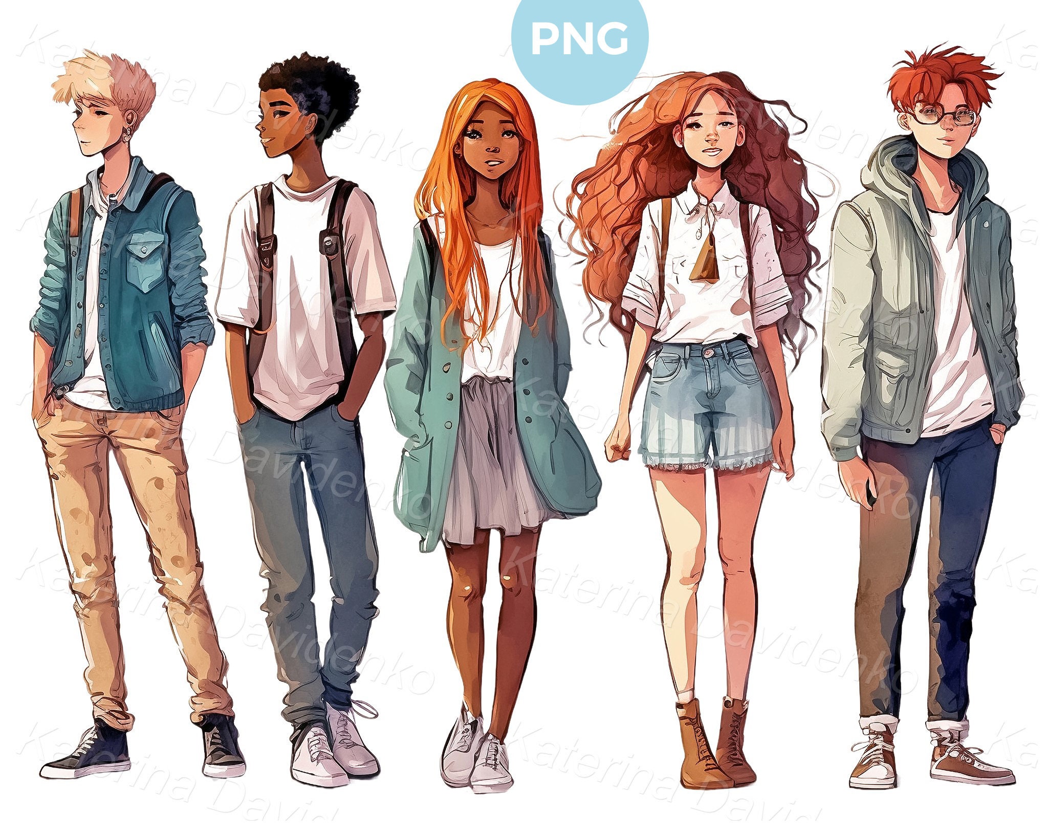 Cartoon Teenagers PNG Clipart. Young People Standing in a Row in Casual ...