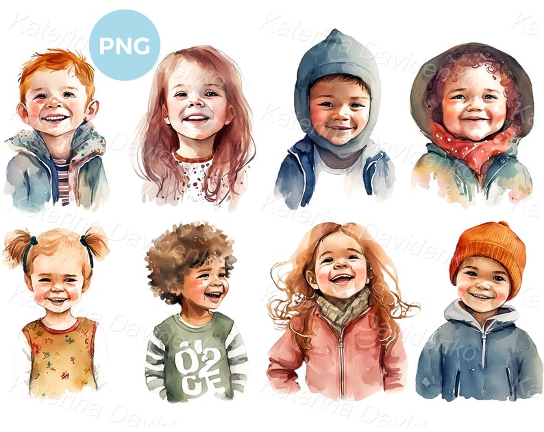 Watercolor Portraits of Happy Children Faces, Isolated Kids Png Clipart ...