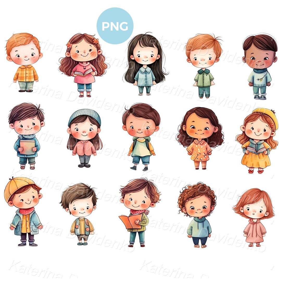 Set of Happy Cartoon Kids PNG Clipart. Little Boys and Girls Standing ...