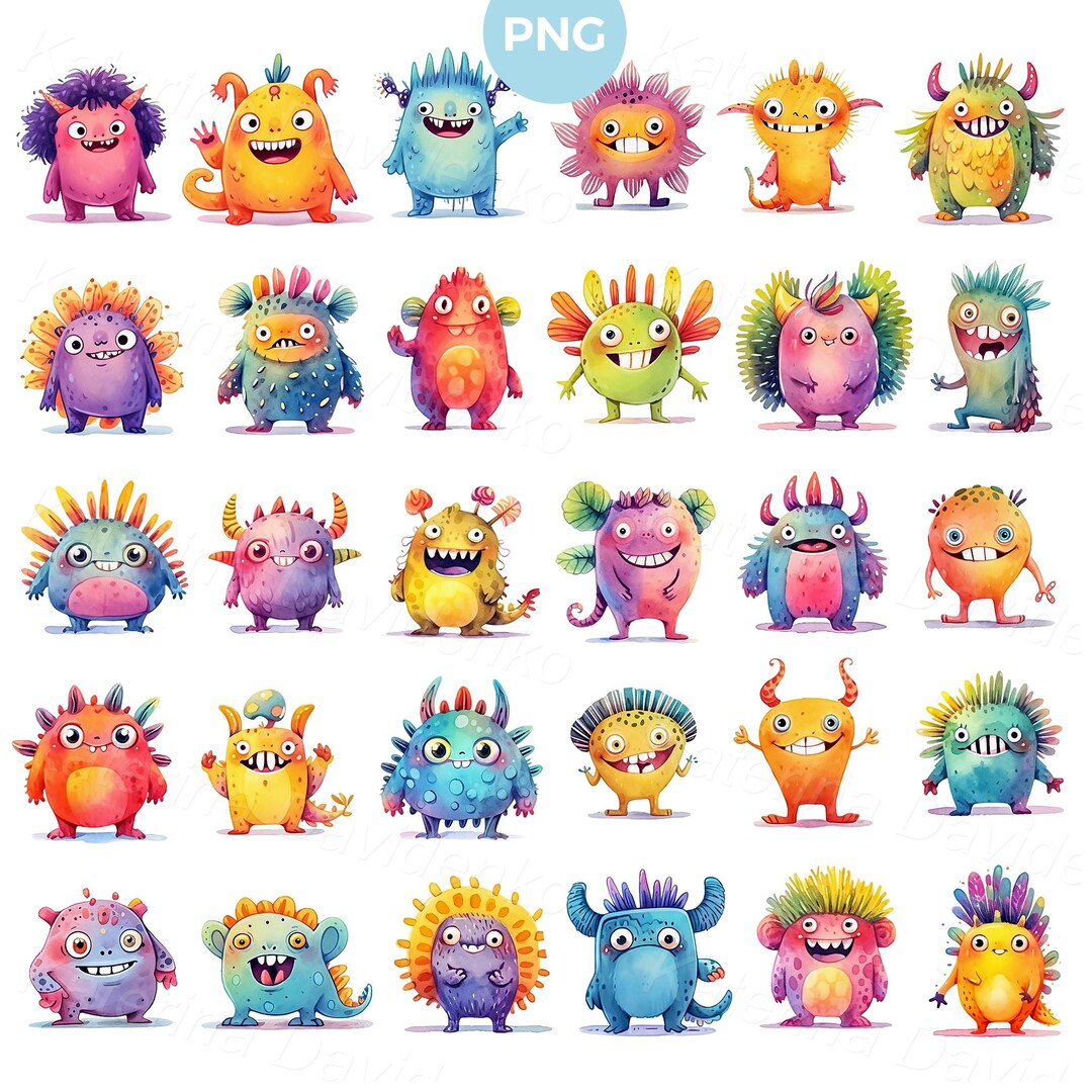 Cute Watercolor Monster Clipart Set, Funny Cartoon PNG (digital ...