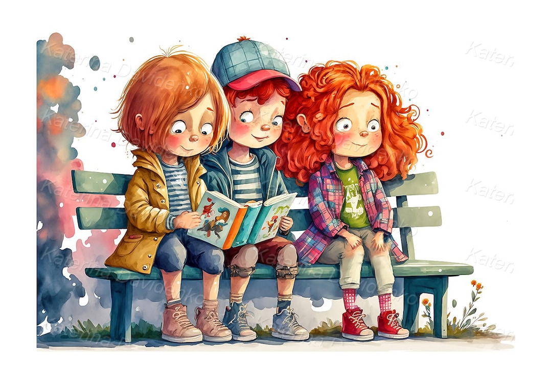 Cartoon Watercolor Illustration of Kids Reading Books on a Park Bench ...