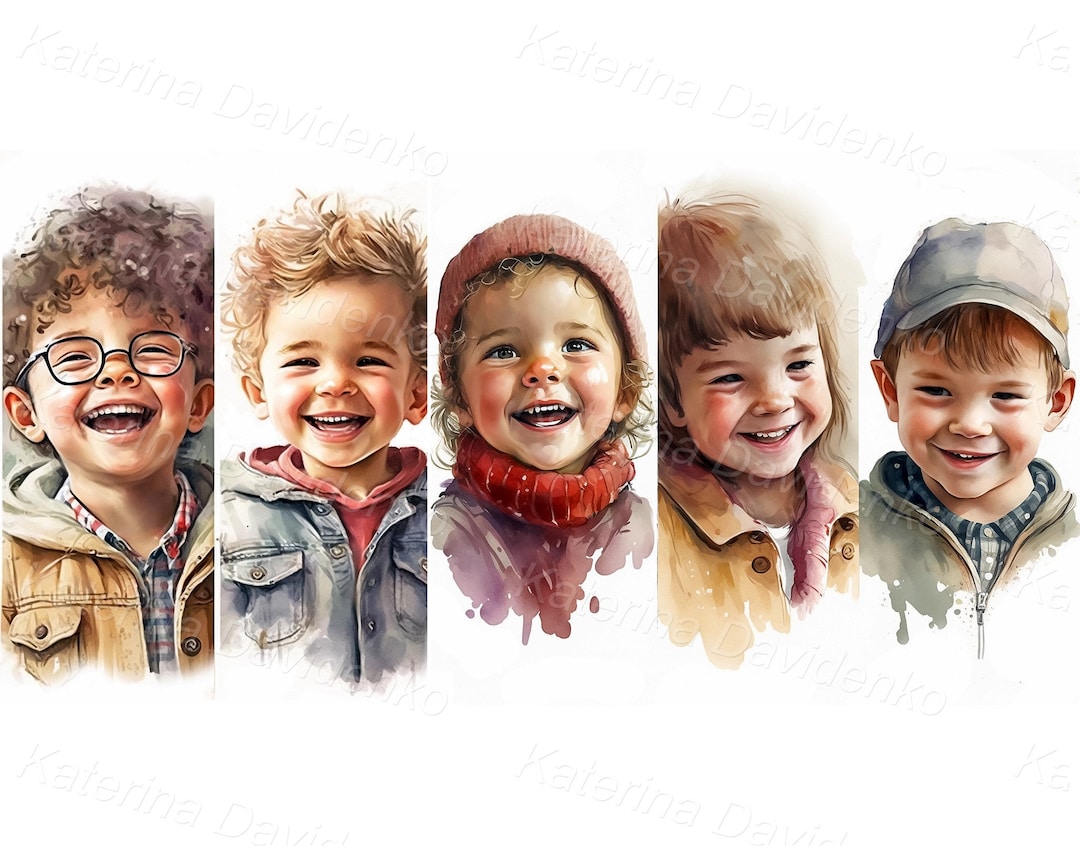 Collection of Watercolor Portraits of Happy Kids. Funny Laughter Boys ...