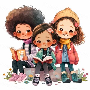 Watercolor Cartoon School Kids With Books. Children PNG Cliparts. Kids ...