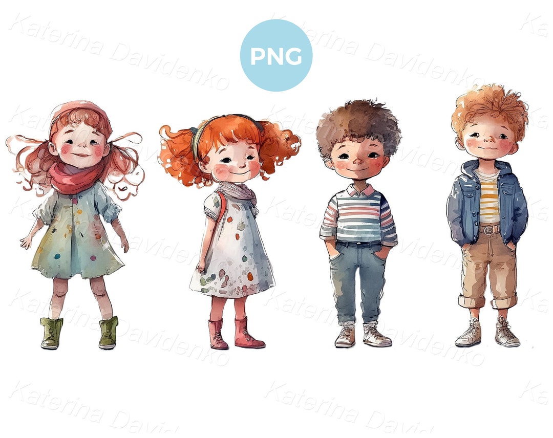Kids PNG Clipart. Happy Cartoon Little Children Standing in a Row. Cute ...