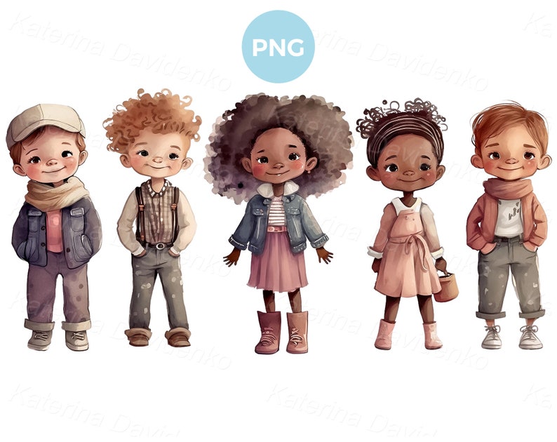 Set of Cute Cartoon Little Kids in Autumn Casual Clothes Standing in a ...