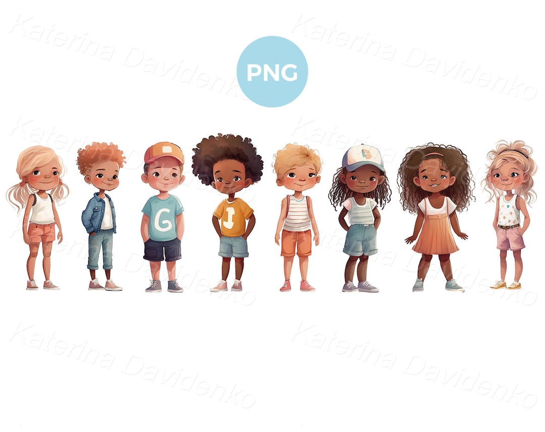 Cute Cartoon Little Children in Summer Clothes Standing in a Row Boys ...