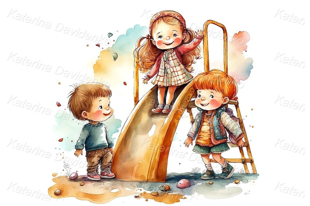Cartoon Little Kids Clipart. Group of Children Playing on a Slide ...