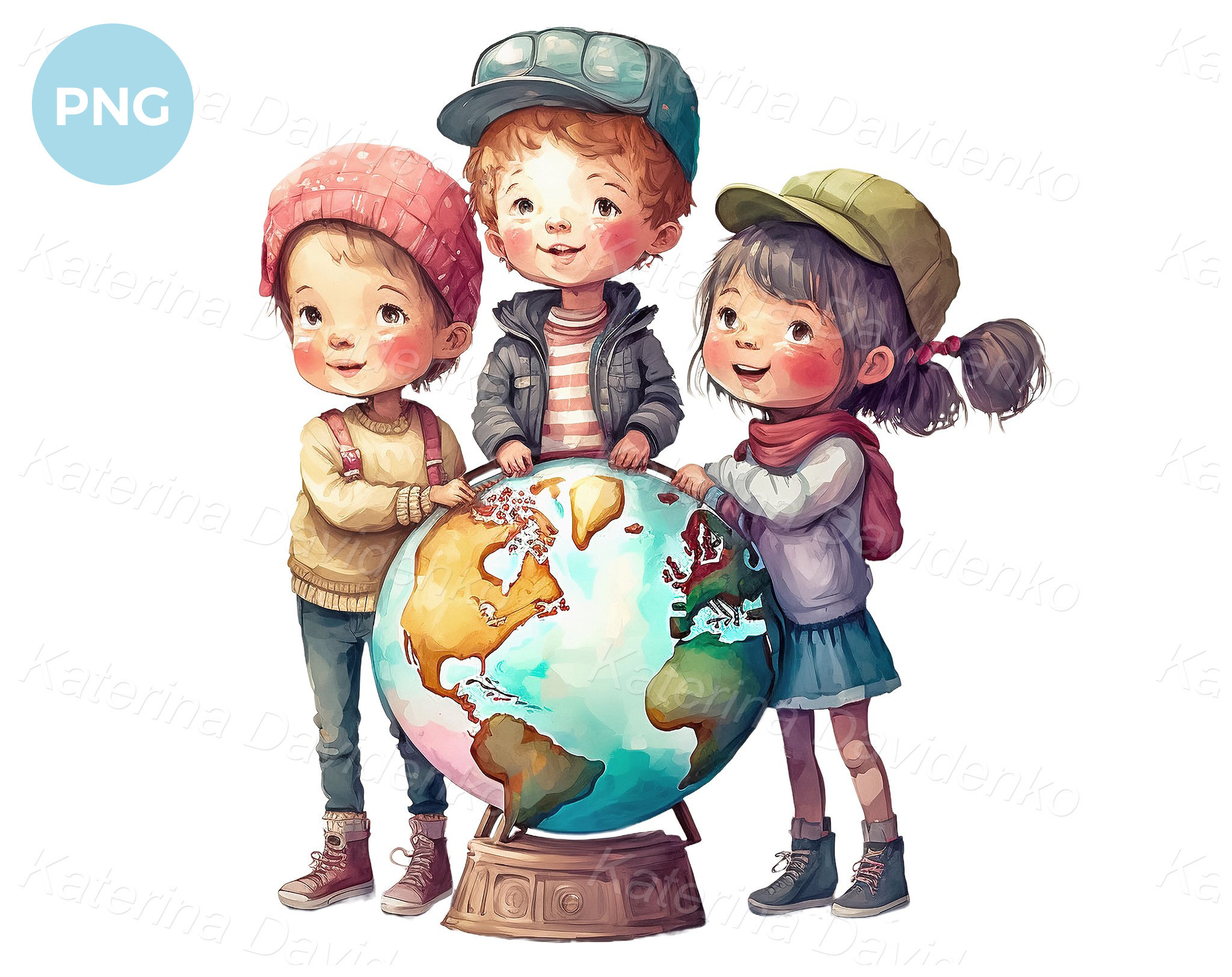 Children of Different Nationalities With Globe, Cartoon Kids PNG ...