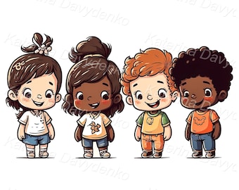 Kids PNG Clipart. Cute Little Cartoon Happy Girls and Boy Standing in a ...