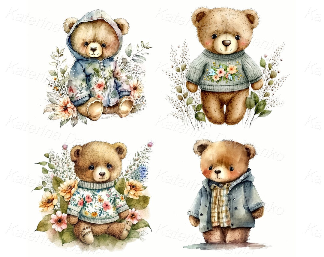 Set of Cute Teddy Bear Toys, Nursery Art, Digital Watercolor Painting ...