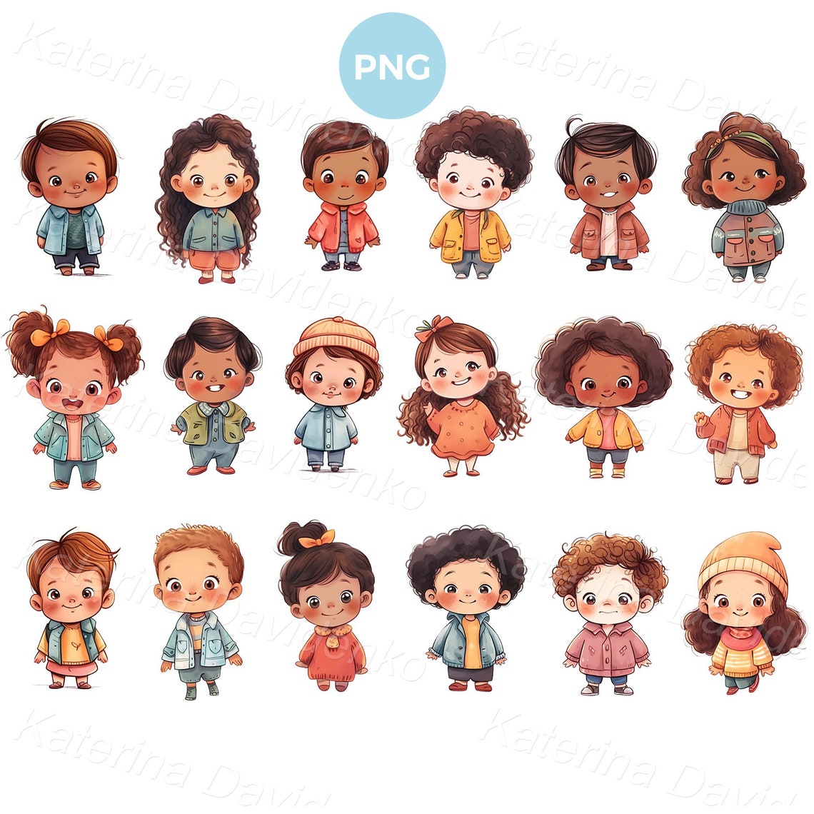 Clipart Set Cute Cartoon Multiethnic Kindergarten Kids Casual Clothes ...