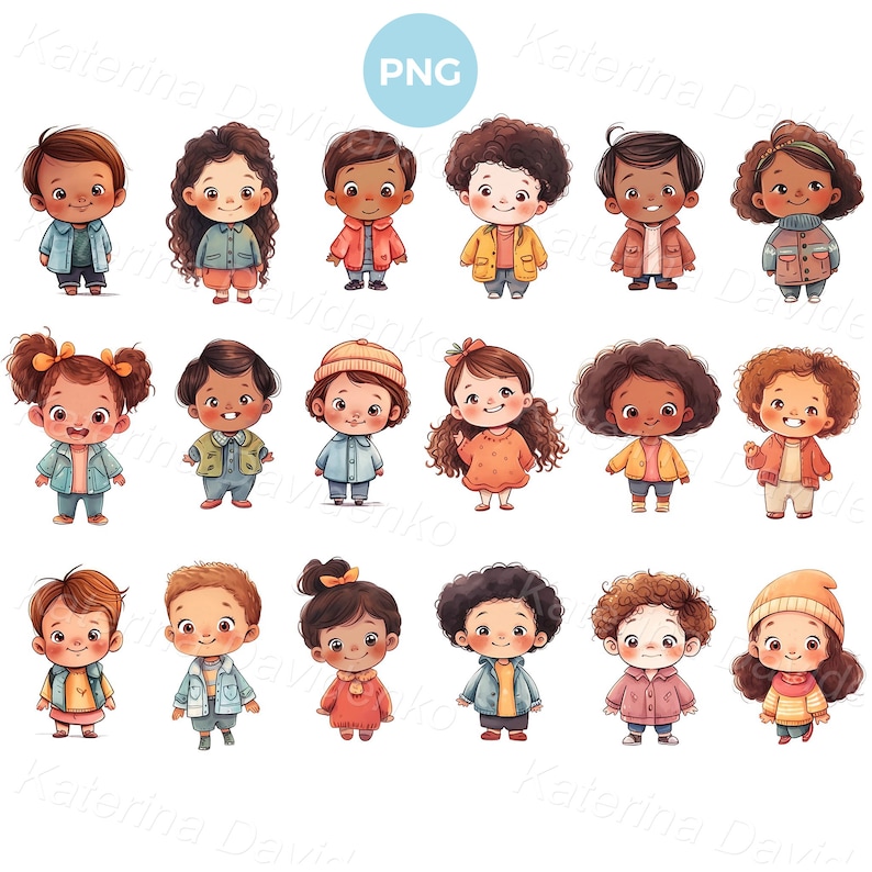 Clipart Set Cute Cartoon Multiethnic Kindergarten Kids Casual Clothes ...