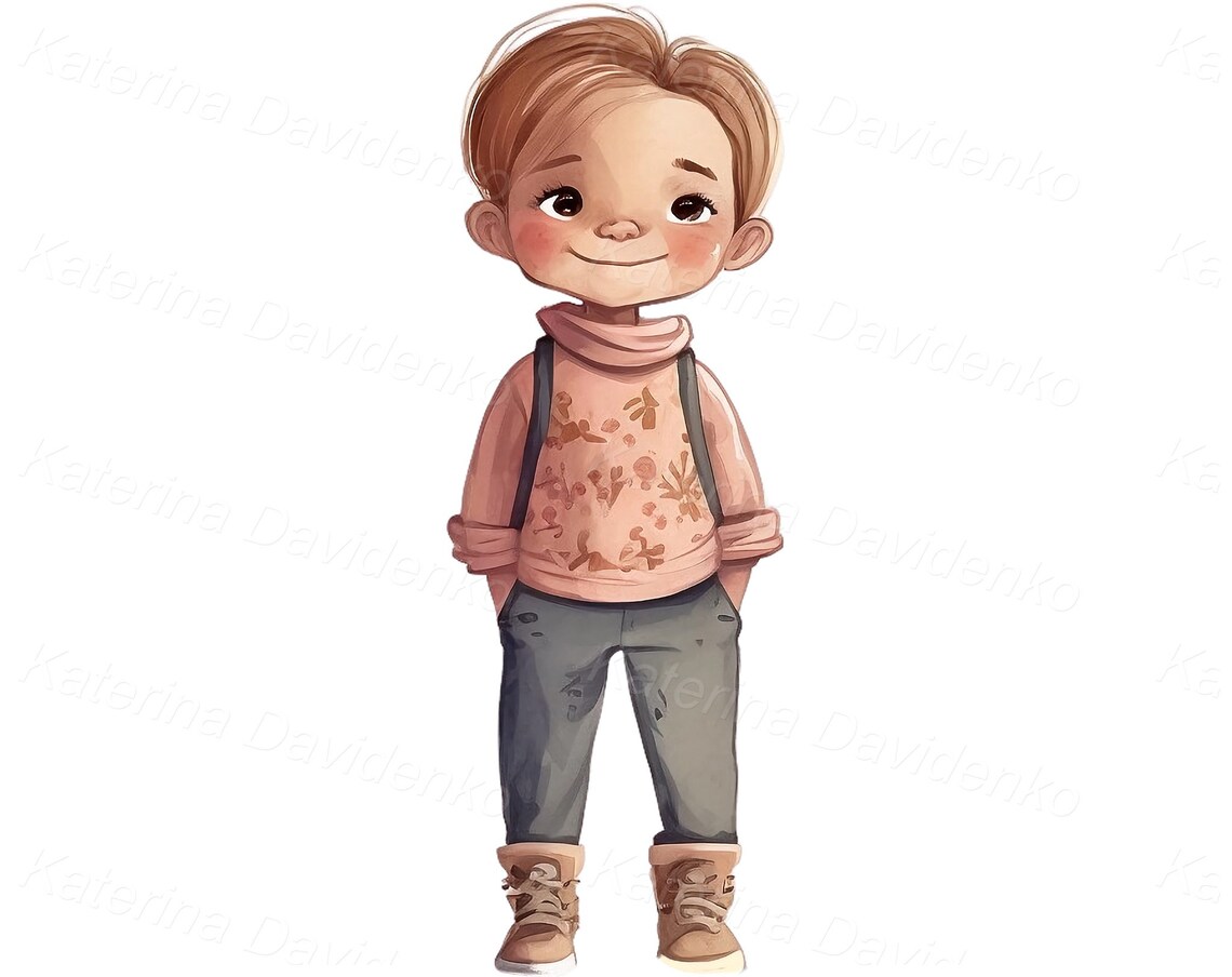Smiling Cartoon Watercolor Little Kids in Spring Casual Clothes ...