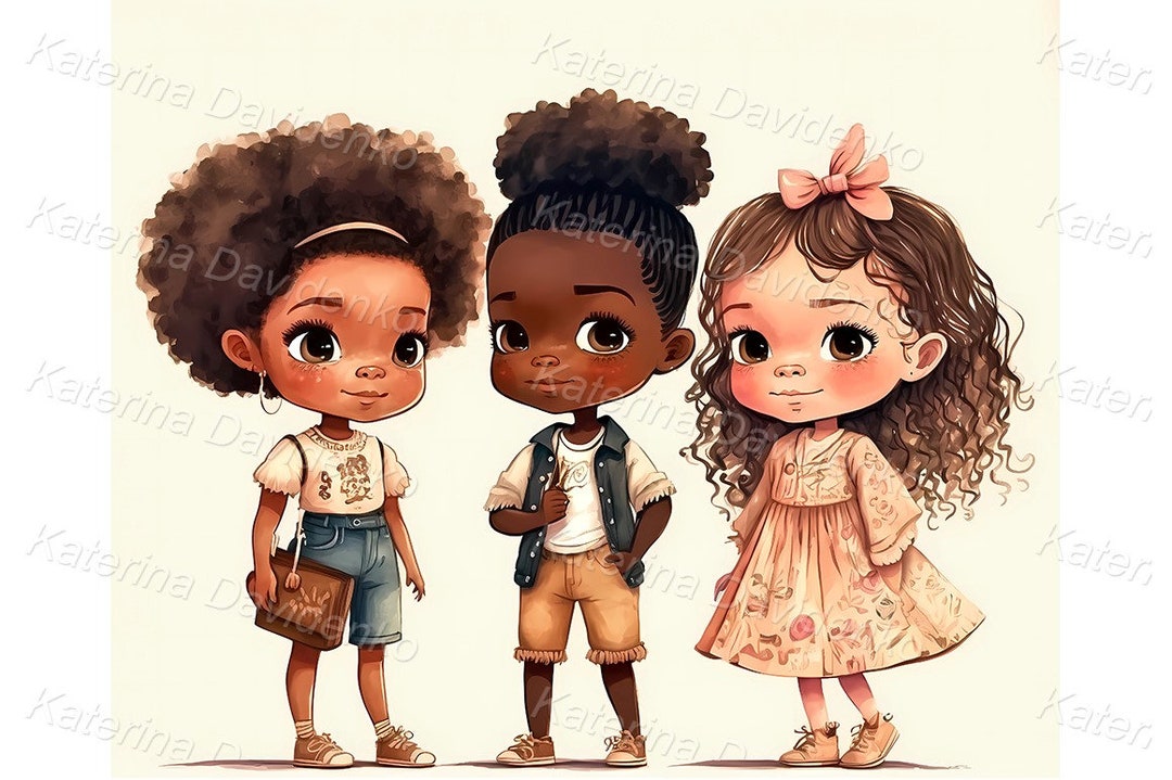 Little Cartoon Girls Standing in a Row. Children Clipart Isolated on ...