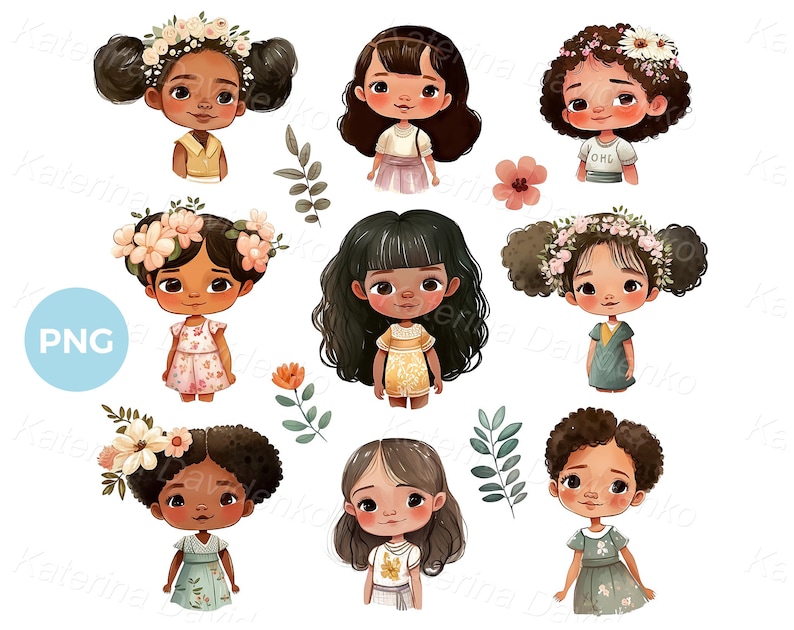 Set of Cartoon Girls PNG Clipart, Multinational Happy Little Kids Faces ...