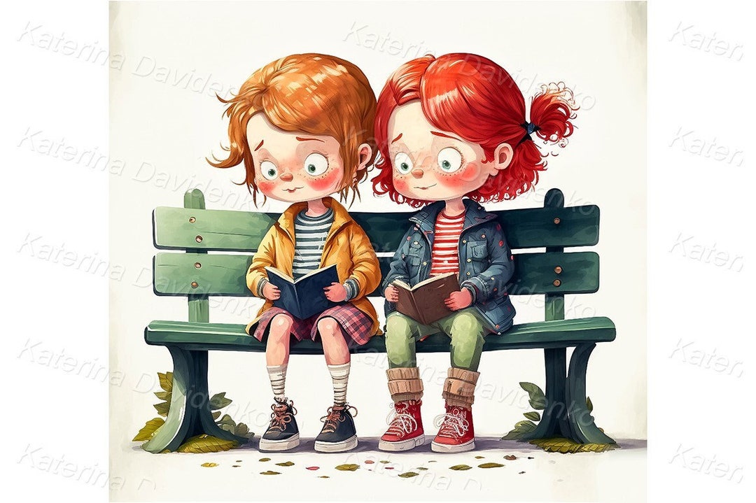 Cartoon Watercolor Children Sitting on a Park Bench in Autumn and ...