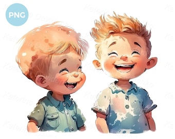 Watercolor Painting of Happy Laughing Little Kids, Boy and Girl ...