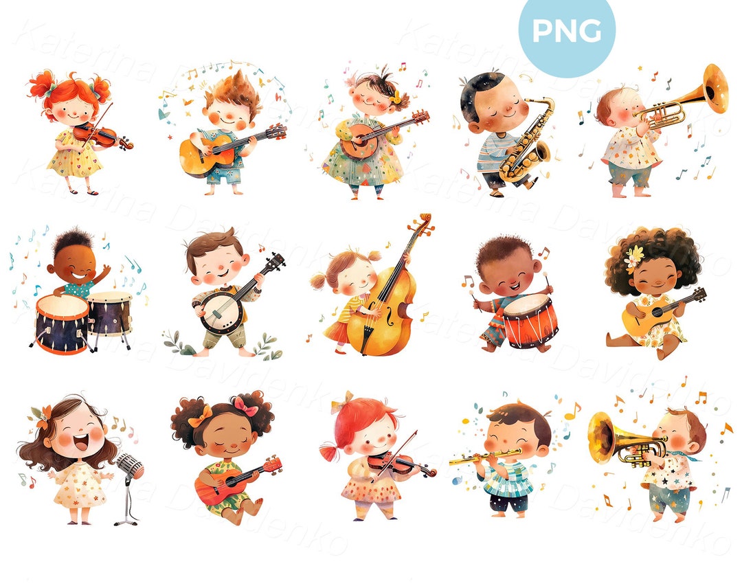 Children Playing Musical Instruments and Singing Songs, Kids Clipart ...