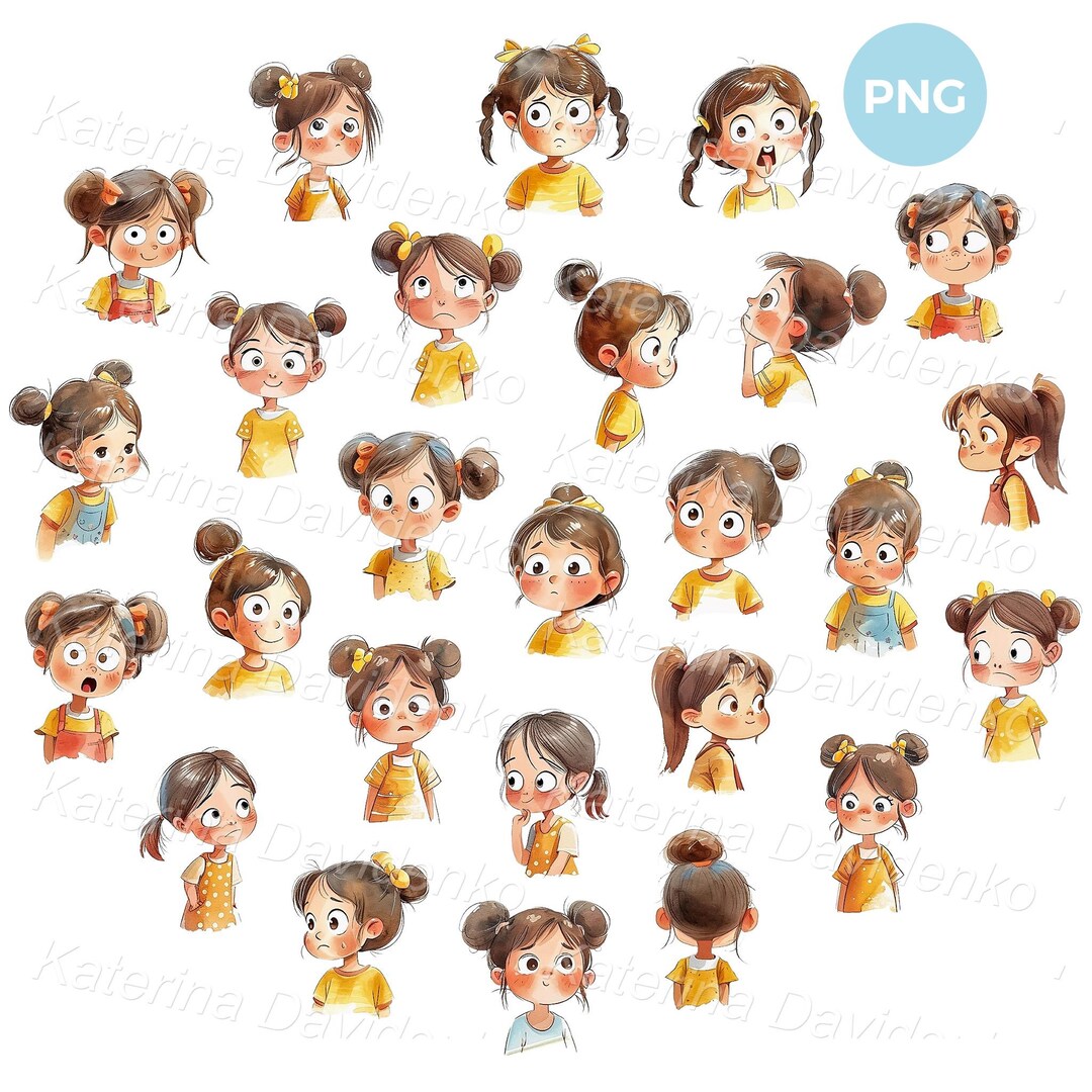 Kids Emotions PNG Clipart Set. Cartoon Little Girl With Different ...