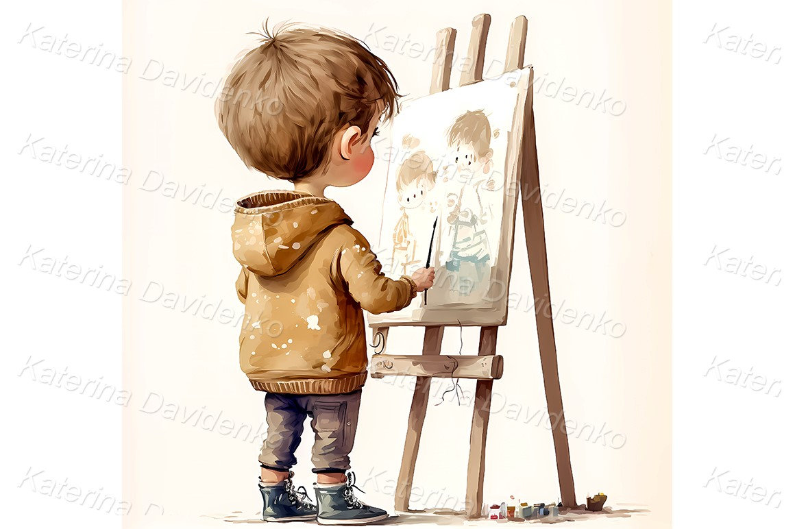 Cartoon Artist Child Painting the Picture on Canvas. Cute Little Boy ...