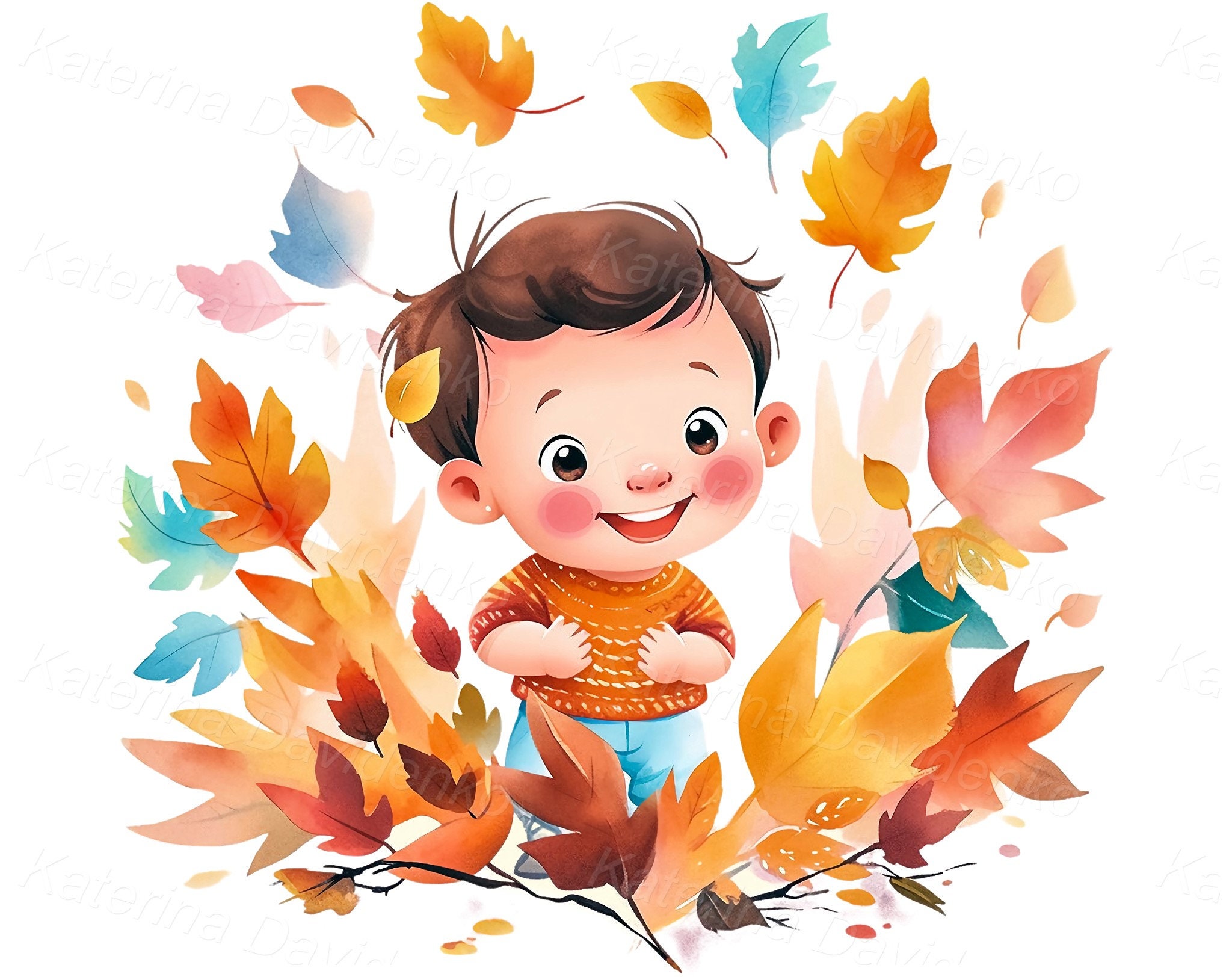 Cute Cartoon Kids PNG Clipart. Watercolor Set of Autumn Season PNG ...