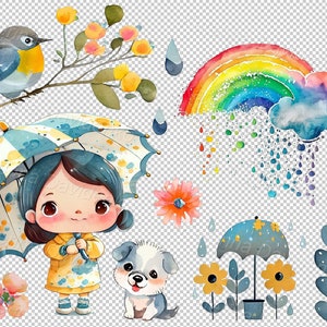 Set of Watercolor Season Weather Clipart Rainy Day Cartoon Cute Little ...