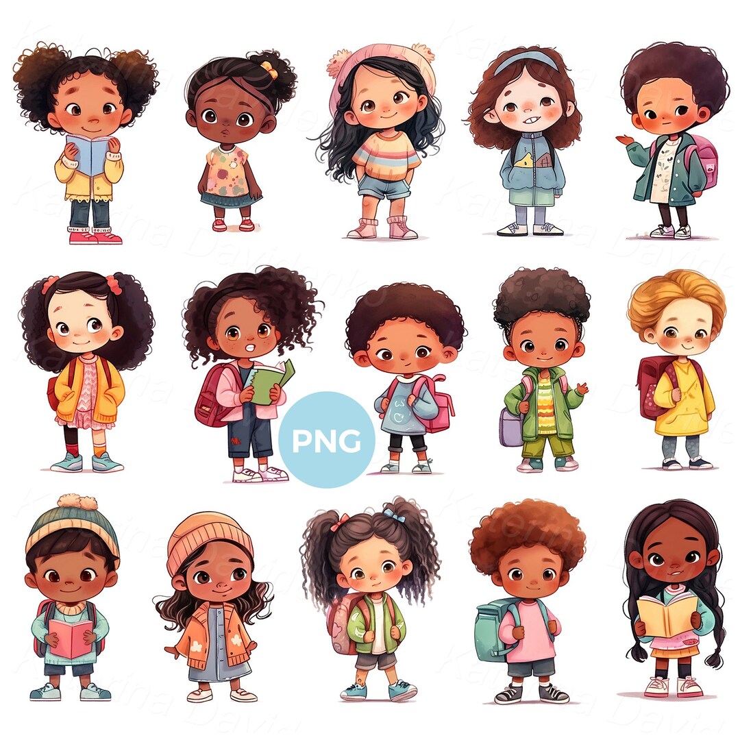 Cute Cartoon Multiethnic School Kids With Backpacks PNG Clipart Set ...
