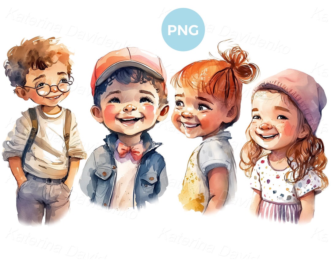 Cartoon Cute Little Kids Clipart, Watercolor Children Portraits, Boys ...