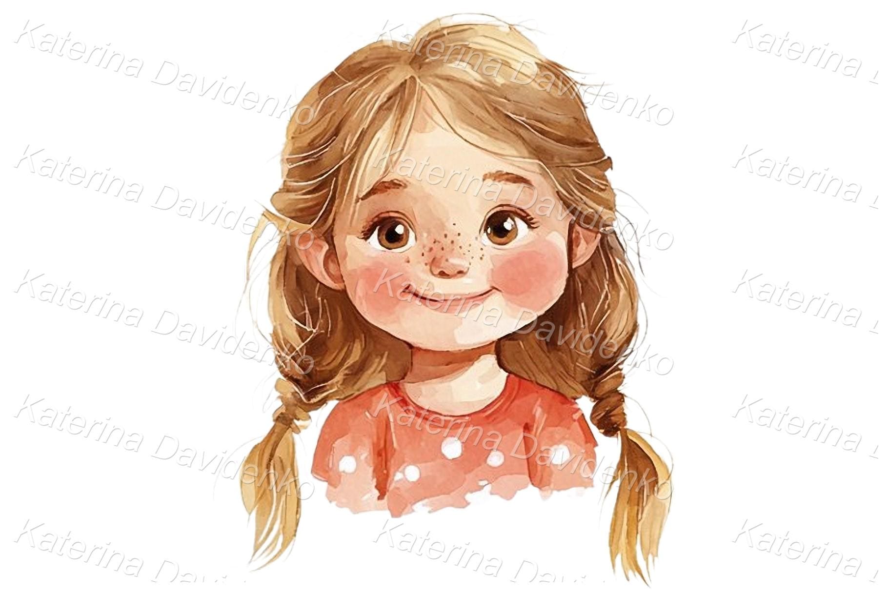 Collection of Watercolor Cartoon Happy Kids Faces Clipart, Smiling ...