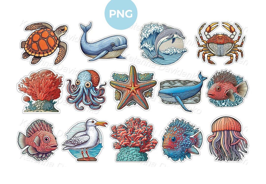 Ocean Life Clipart Set, Sea Animals and Marine Creatures PNG - Etsy