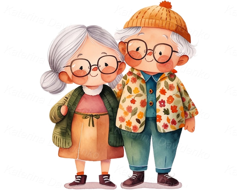 Collection of Happy Elderly Couples. Cartoon Grandparents PNG Clipart ...