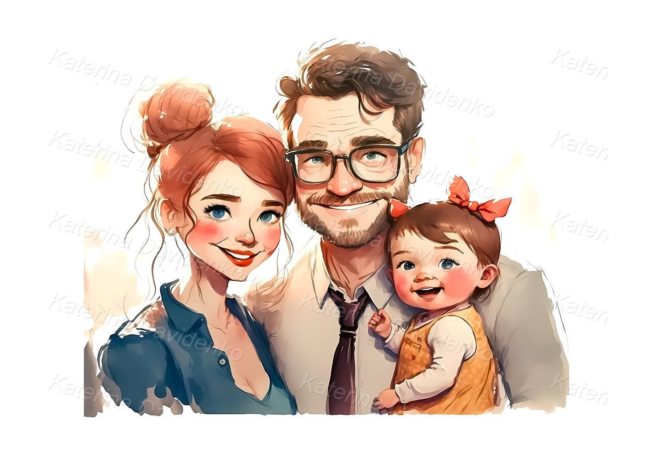 Cartoon Family Clipart. Watercolor Portrait of Happy Family With One ...