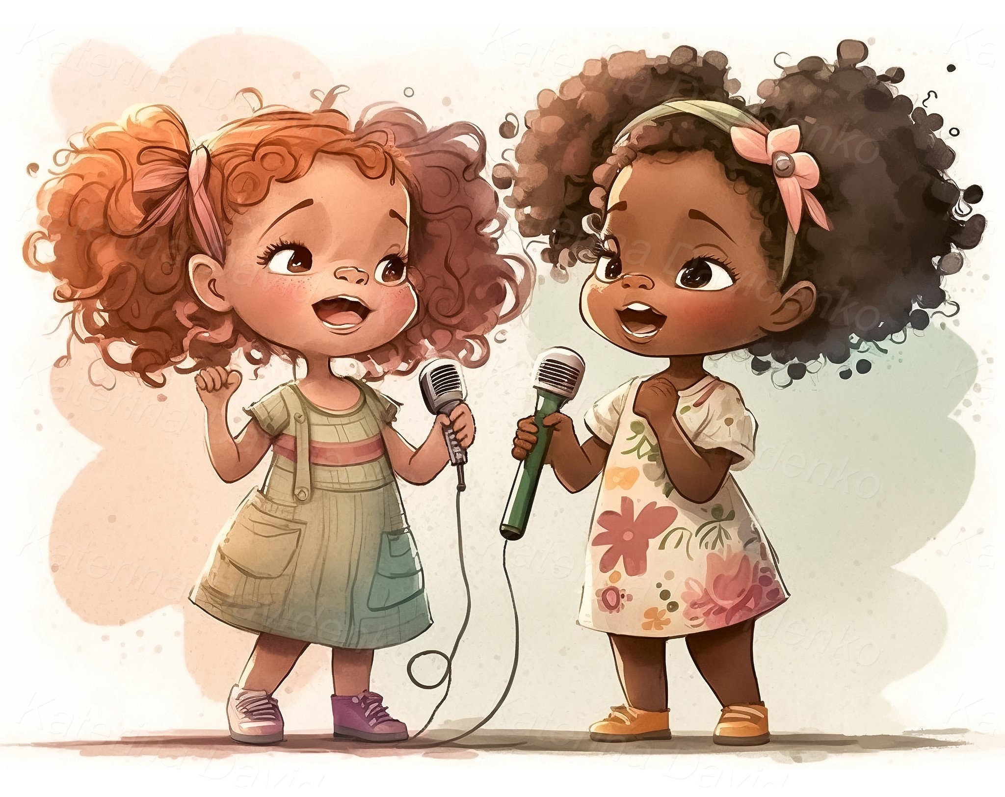 Two Cartoon Little Girls With Microphones Singing Song. Kids Clipart ...