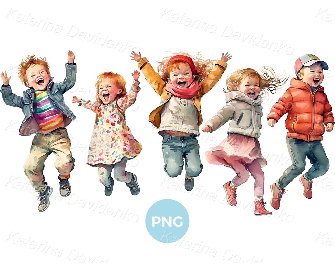 Watercolor Png Clipart of a Group of Happy Little Kids Jumping Together ...