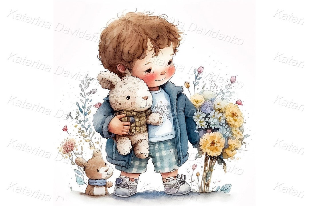 Watercolor Painting of Happy Little Boy With Flowers and Toys Animals ...