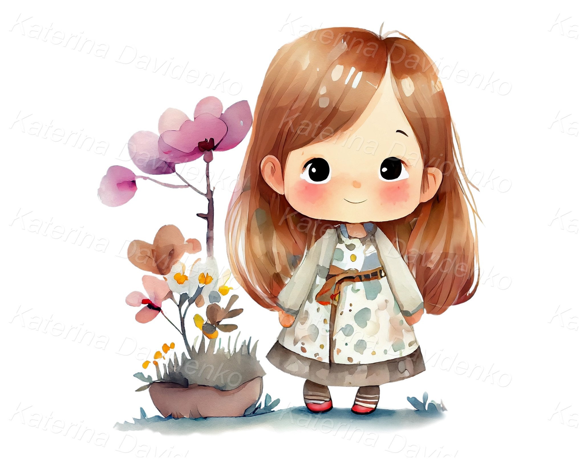 Cute Cartoon Little Kids Walking Outdoors in the Summer Garden With ...