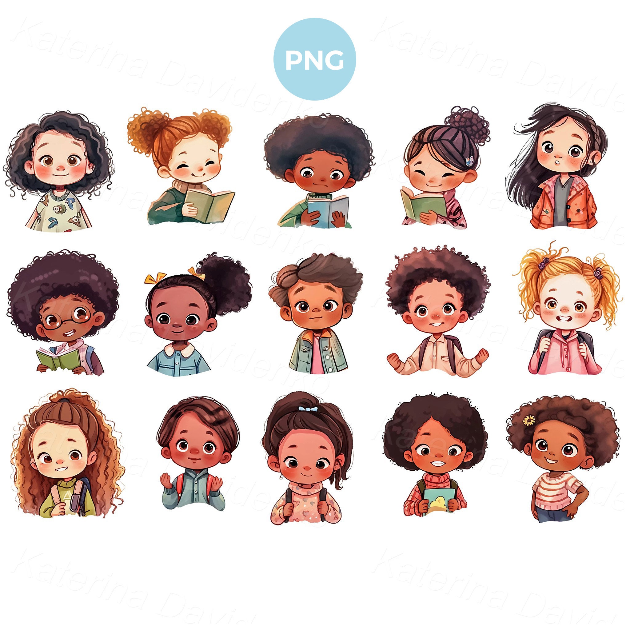 Collection of Cute Cartoon Kids Clipart PNG Set of Little Girl Faces ...