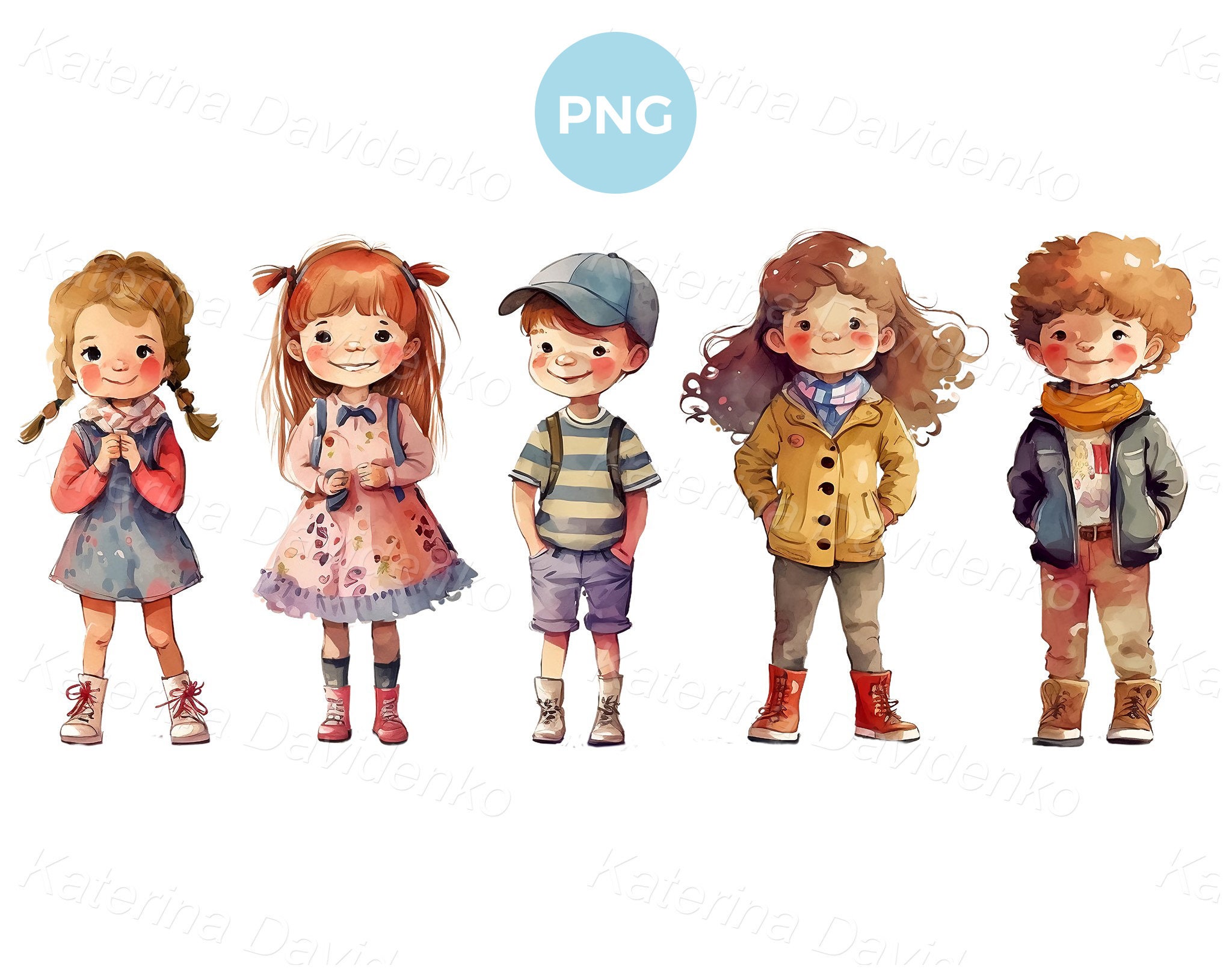 Watercolor Cartoon Little Girls and Boys With Different Clothes ...